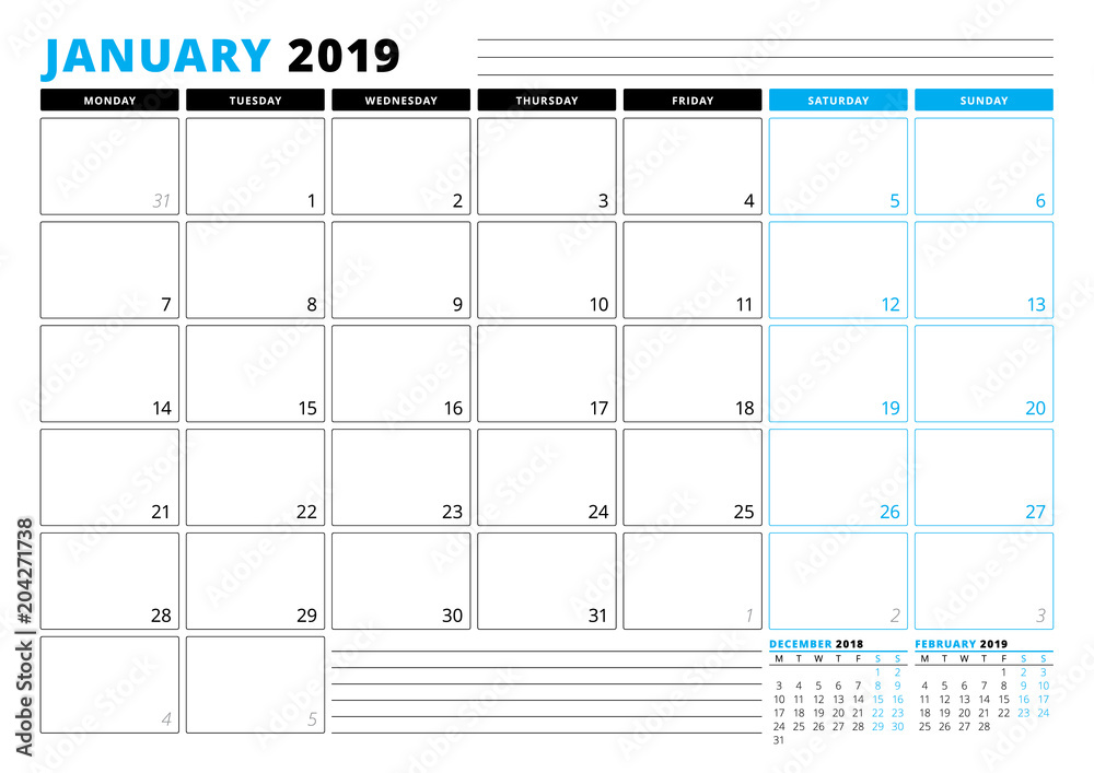 Calendar Template for January 2019. Business Planner Template ...
