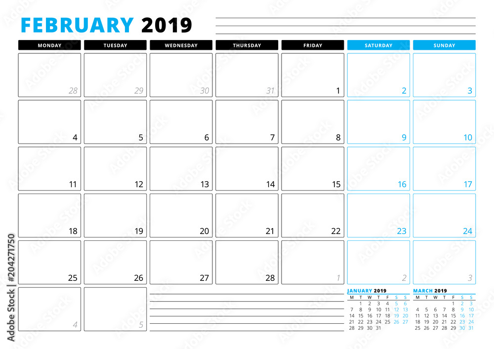 Calendar Template for February 2019. Business Planner Template ...
