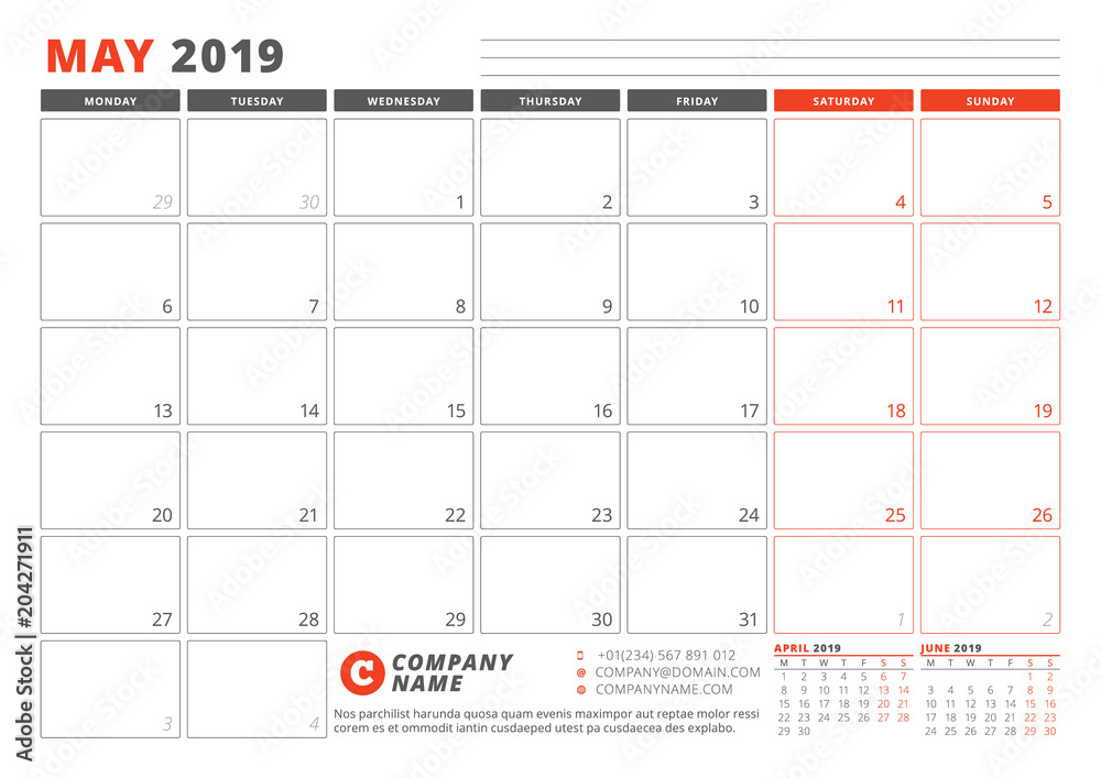Calendar Template for May 2019. Business Planner Template. Stationery ...