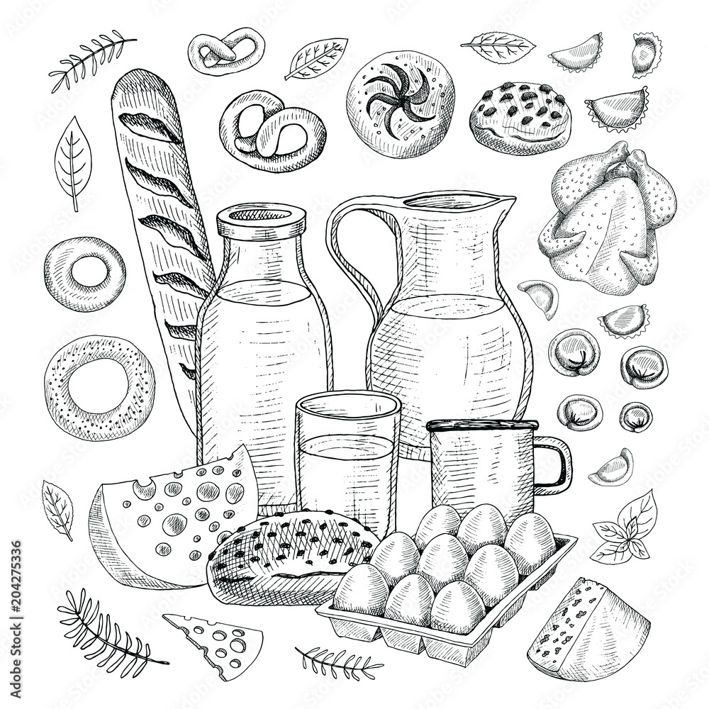 Food objects drawing elements. Sketch style Hand drawing vector ...