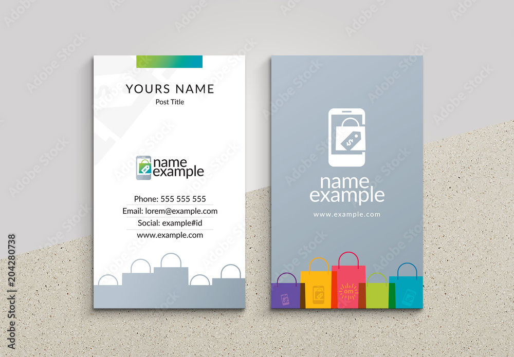 Business Card Layout with Shopping Bag Illustration Stock Template ...