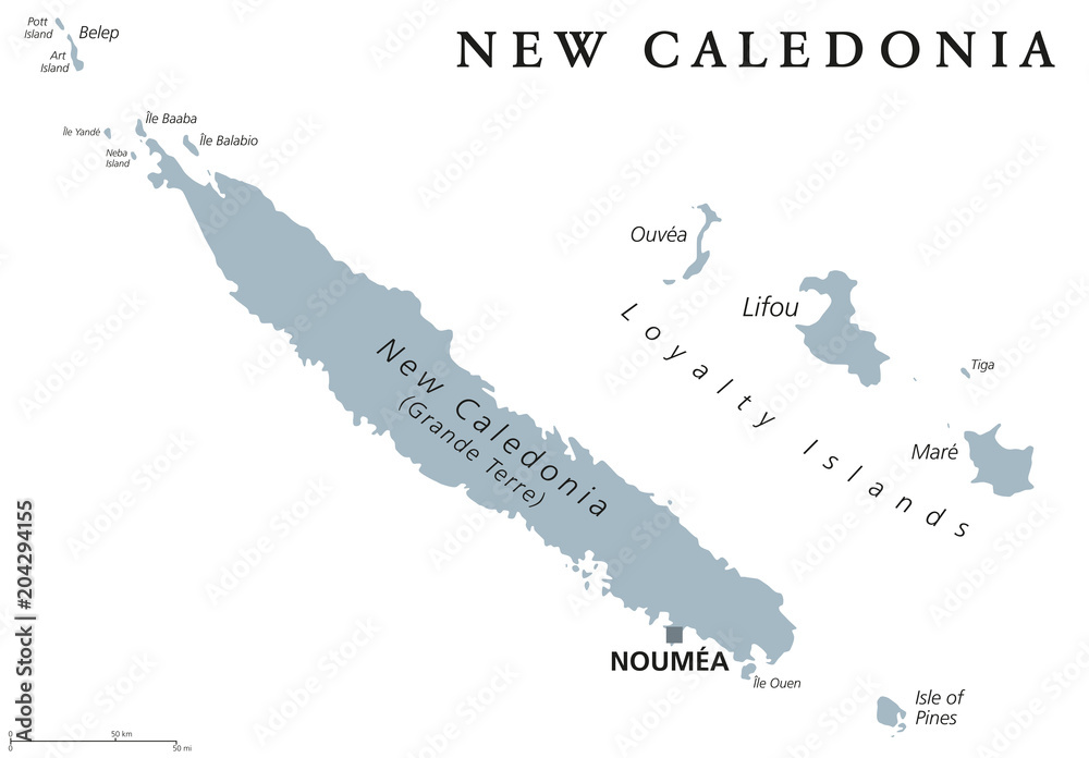 New Caledonia political map, capital Noumea. Collectivity of France in ...