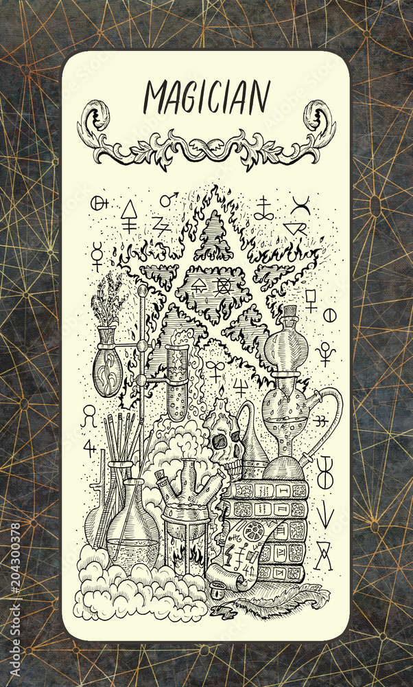 Magician. The Magic Gate tarot deck card. Fantasy engraved illustration ...