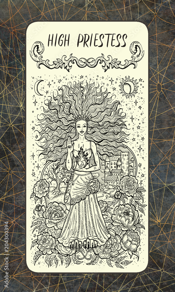 High Priestess. The Magic Gate tarot deck card. Fantasy engraved ...