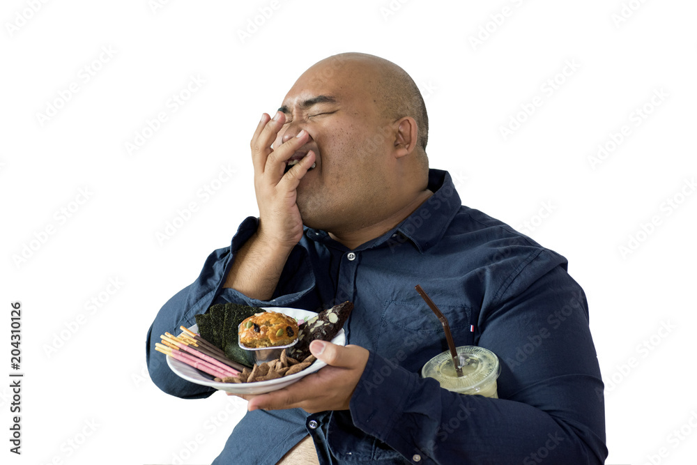fat man eating, portrait of overweight person feels hungry and eating ...