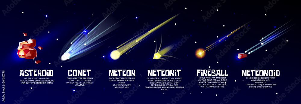 Vector cartoon outer space objects set. Glowing cold comet, meteorite, fast falling meteor ...