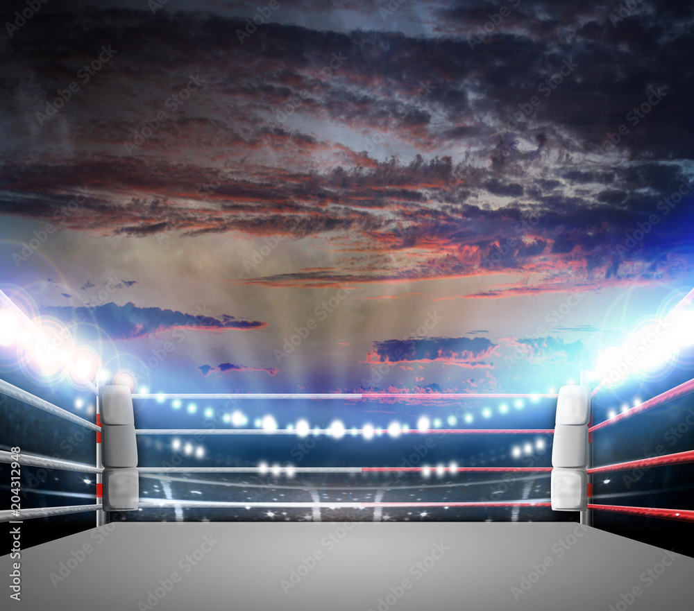 boxing ring with illumination by spotlights. digital effect 3d render ...