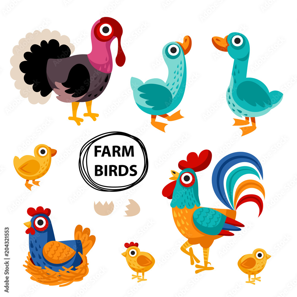 farm birds family cartoon flat illustration. rooster hen chicken egg ...