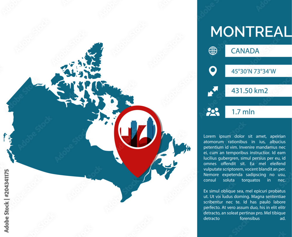 Montreal pin point map shape vector infographics template. Modern ...