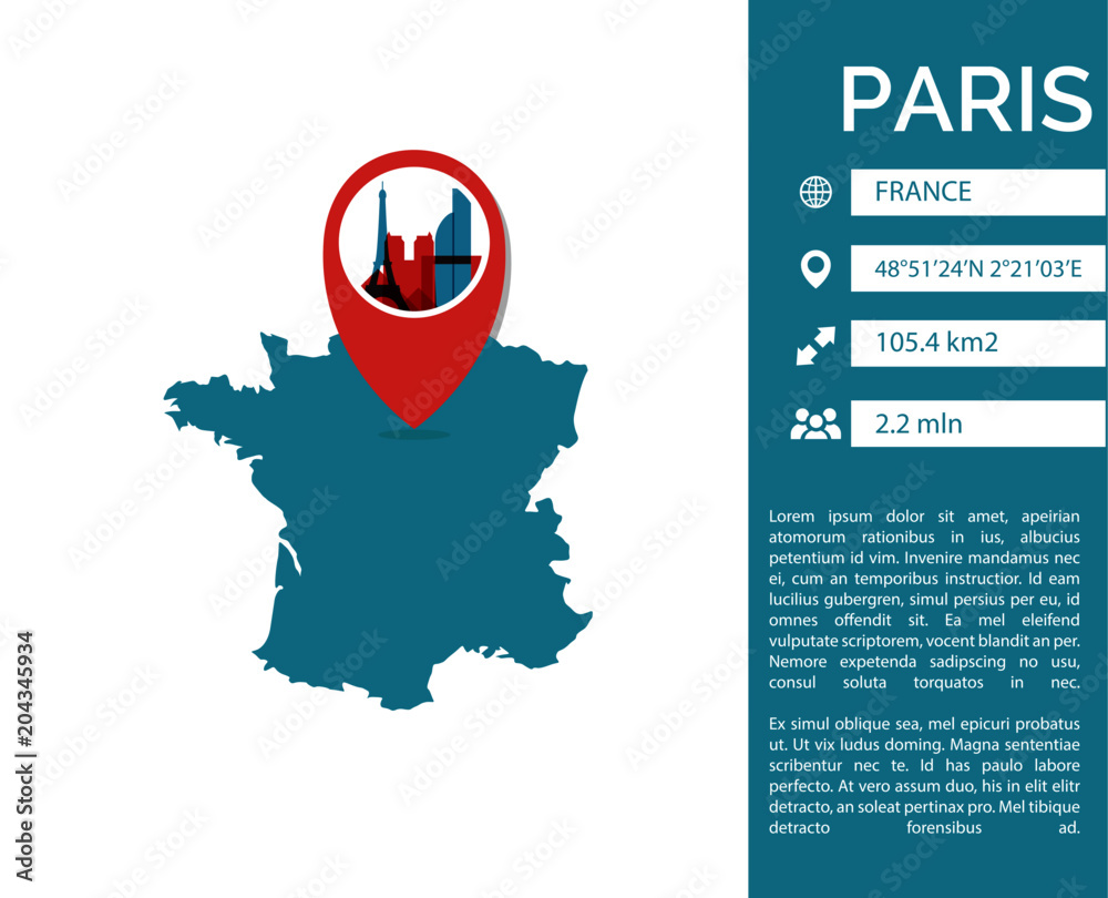 Paris map shape vector infographics template. Modern city data ...