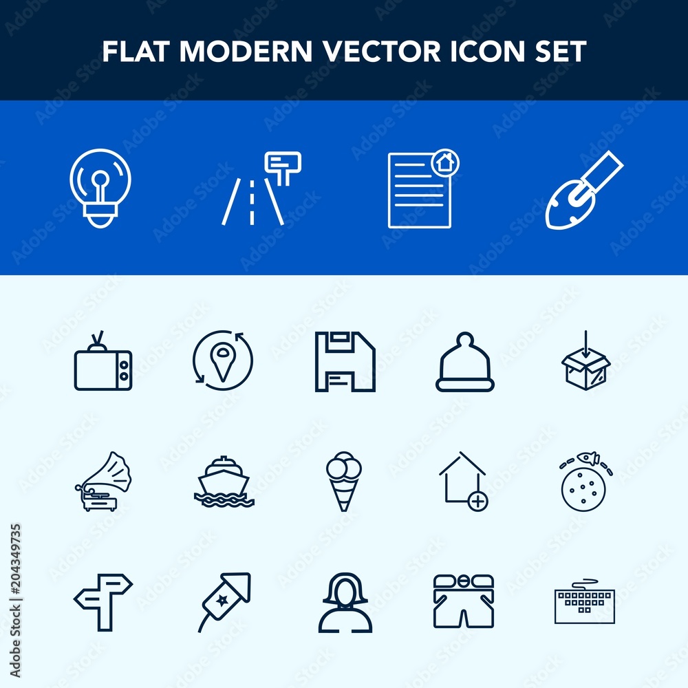 Modern, simple vector icon set with cap, tv, head, hat, record ...
