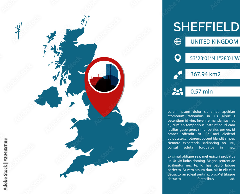 Sheffield pin point map shape vector infographics template. Modern city ...