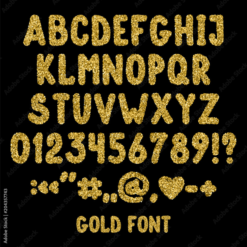 Gold glitter english alphabet, punctuation marks and numbers. Shiny ...