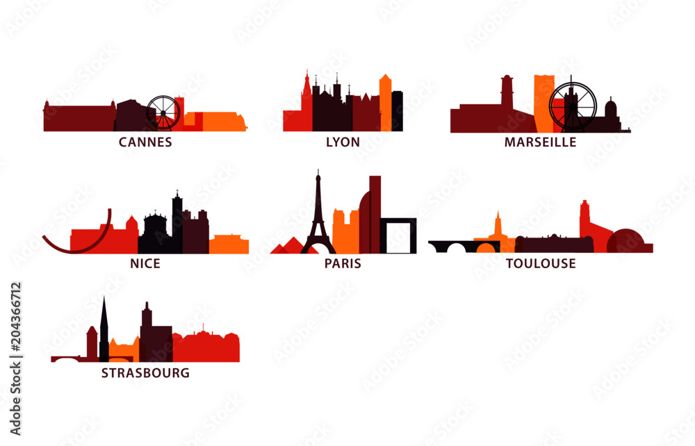 France cities icons set, modern skyline citysape landmark logo vector ...