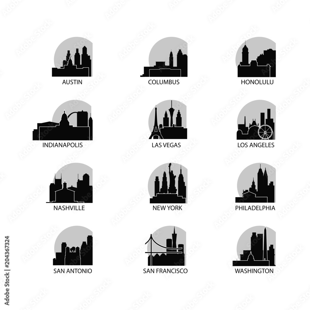 United States of America USA cities icons set, modern skyline citysape ...