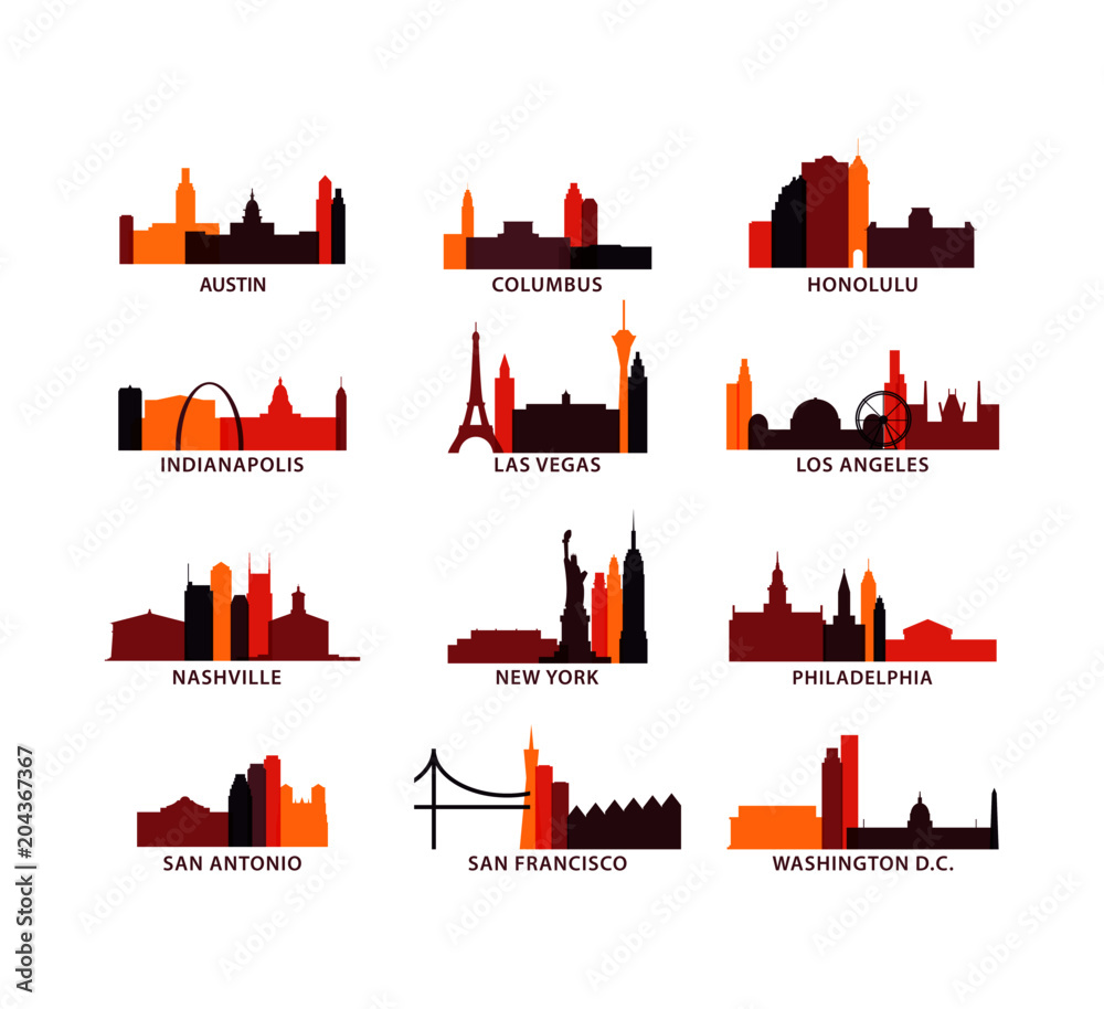 United States of America USA cities icons set, modern skyline citysape ...