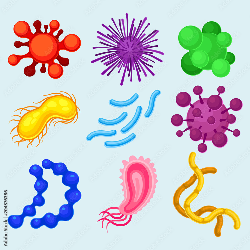 Flat Vector Set Of Different Types Of Microorganisms Disease Causing