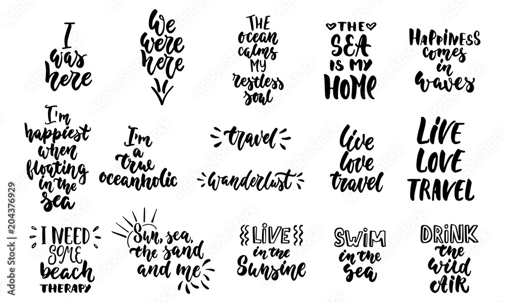 Hand drawn lettering quotes about Summer and sea collections isolated ...
