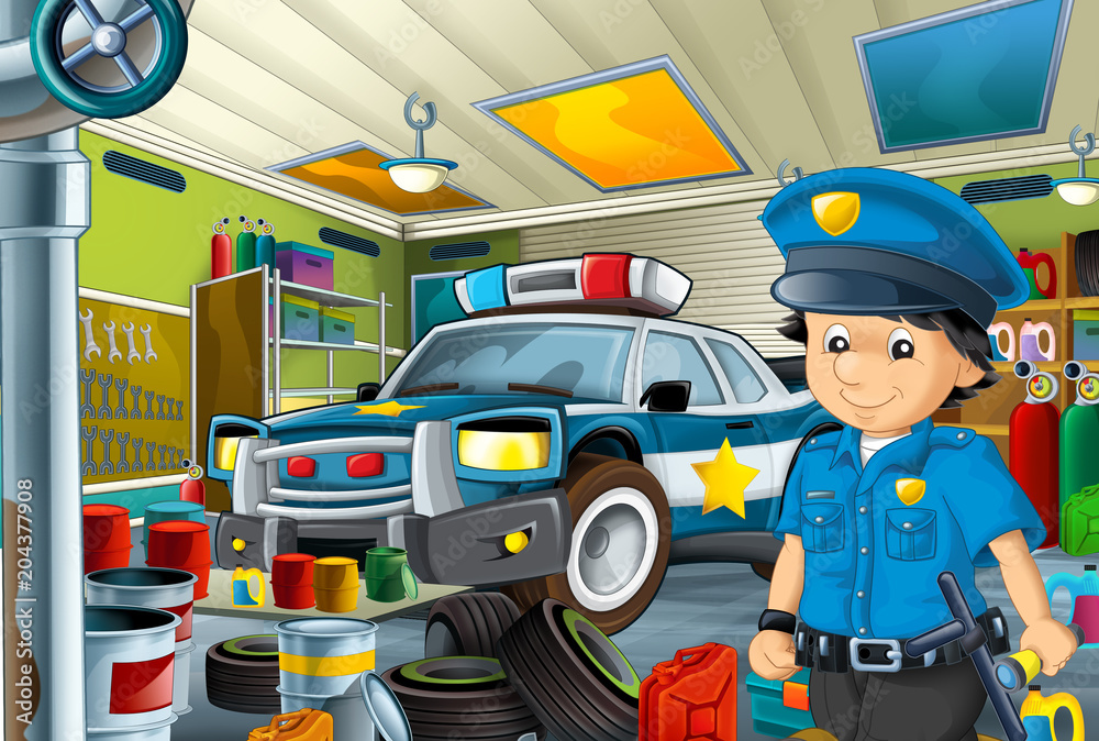 cartoon scene with policeman in some garage - working repearing police ...