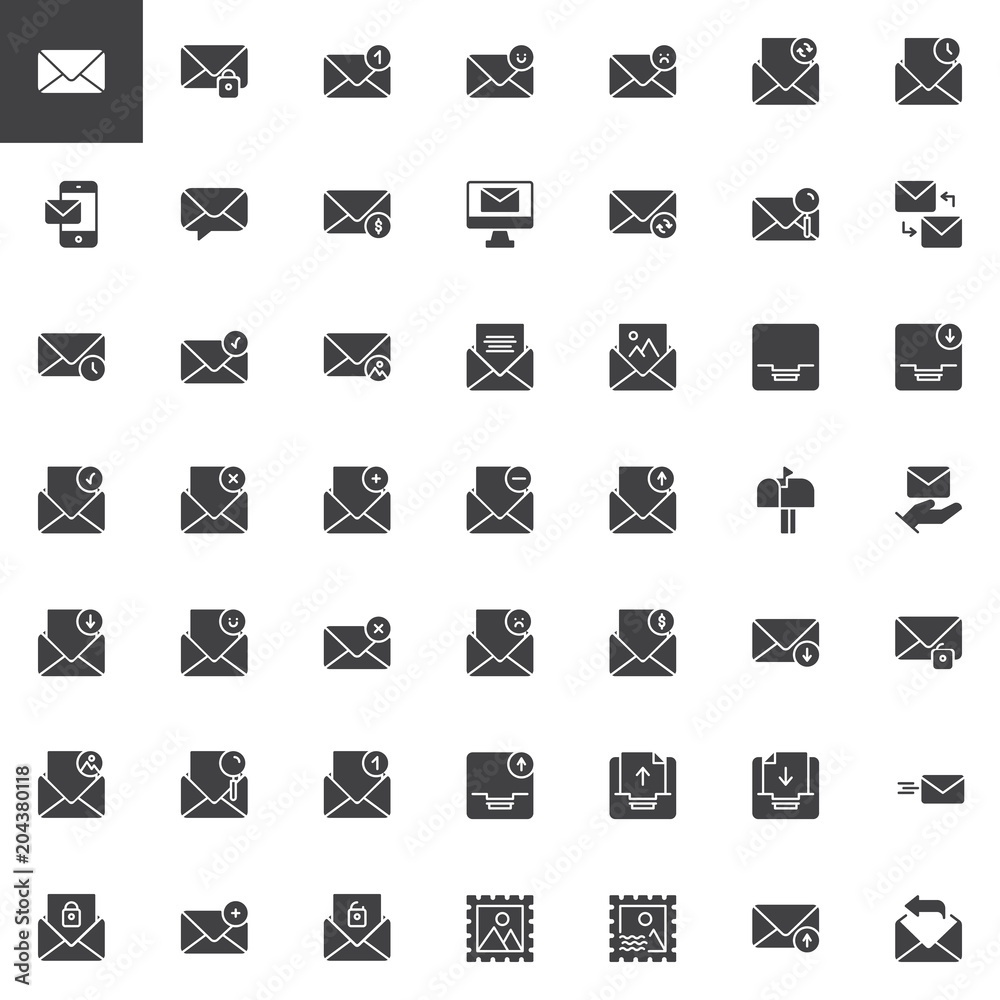 Email and message vector icons set, modern solid symbol collection ...