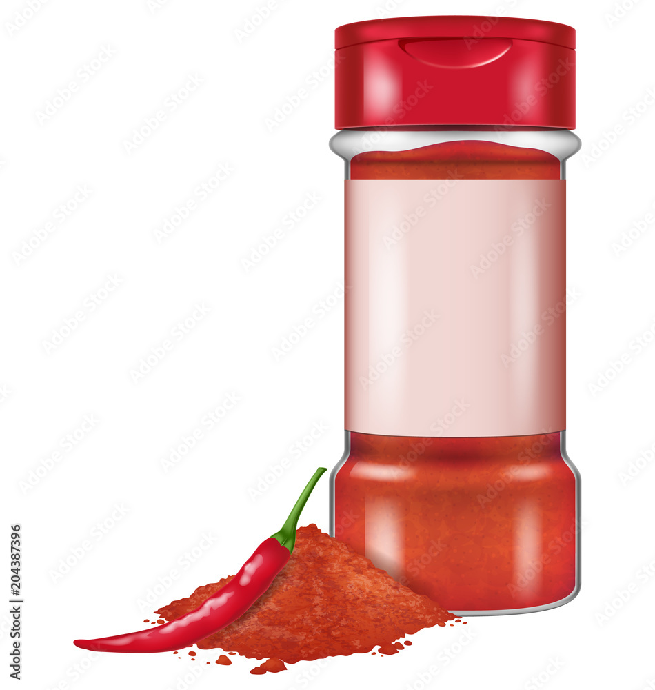 Bottle of chili powder and chili pepper. Vector illustration. Stock ...