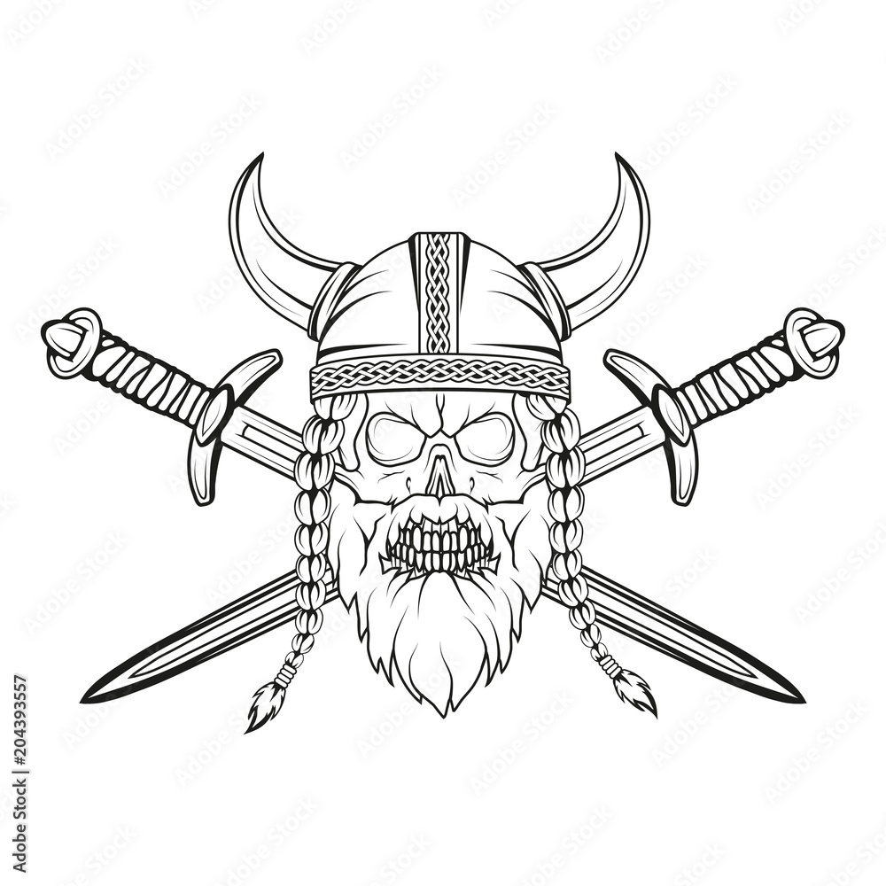 Viking. Hand drawn of a viking in a helmet. Sketch of viking head with ...