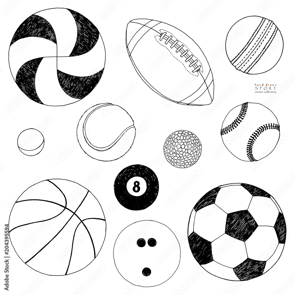 Vector set of sport balls. Hand drawn sketch. Isolated on white ...