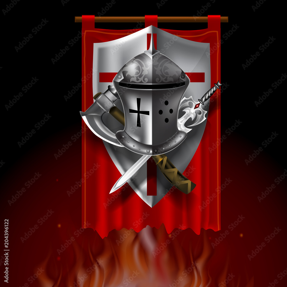Vintage medieval logo with shield helmet, sword and axon on red banner ...