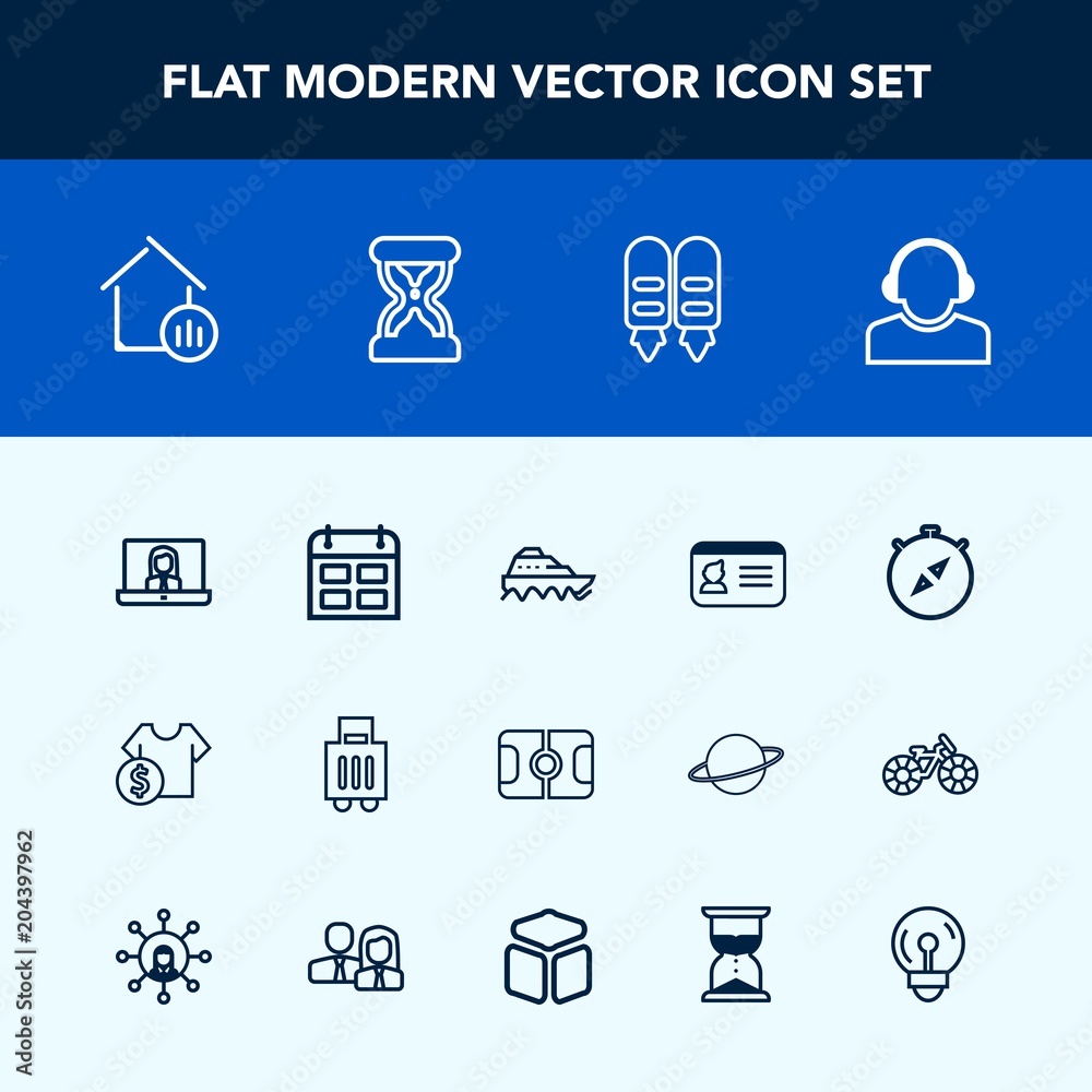Modern, simple vector icon set with compass, luggage, sea, time ...