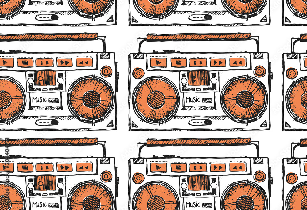 Seamless texture with drawn by hand boombox. Repeating background. Tile ...