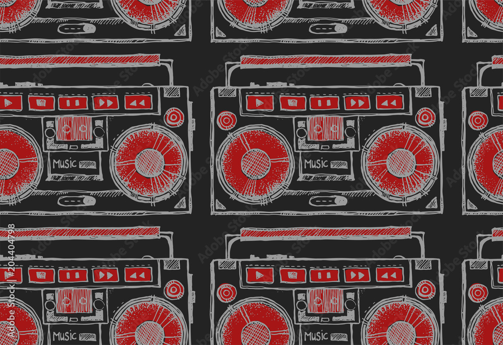 Seamless texture with drawn by hand boombox. Repeating background. Tile ...