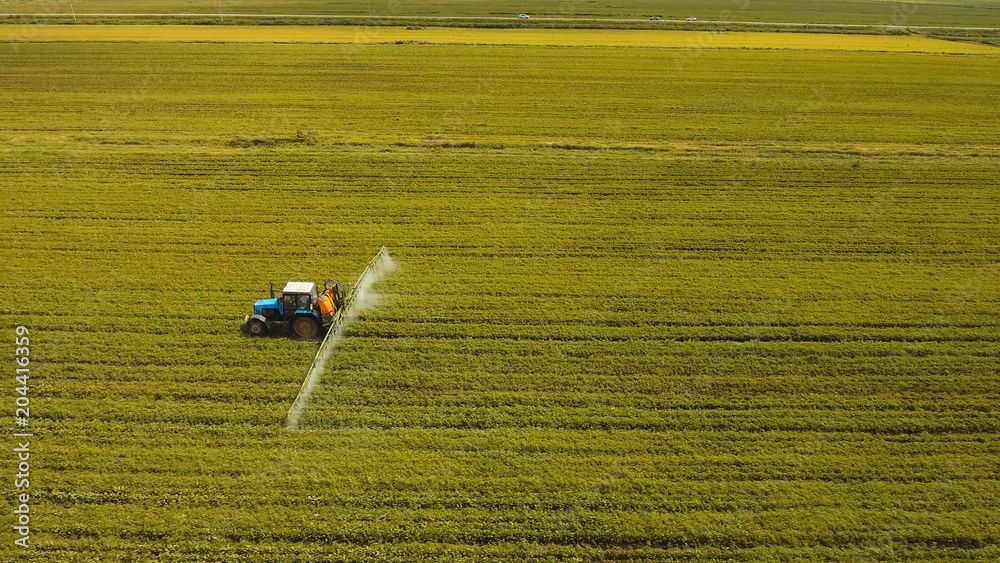 Aerial view tractor spraying the chemicals on the large green field ...