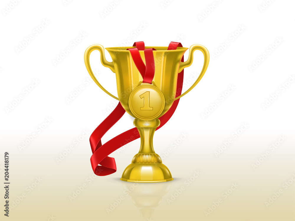 Vector realistic illustration of golden goblet and medal with red ...