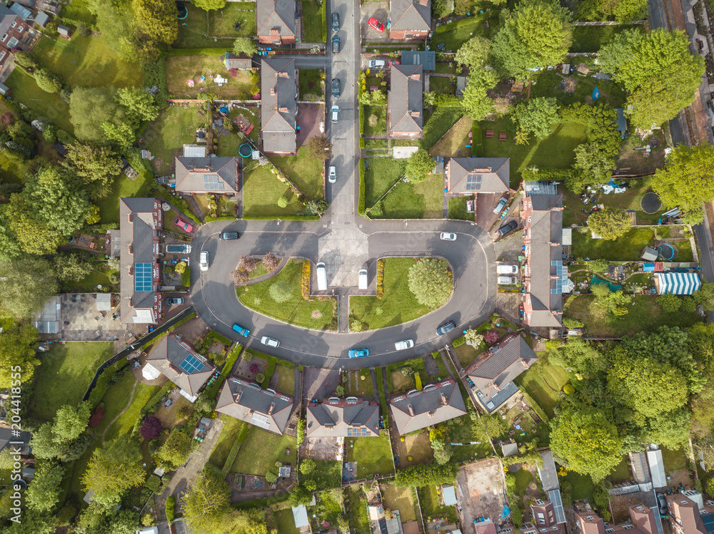 Residential houses drone above aerial view blue sky with park and ...