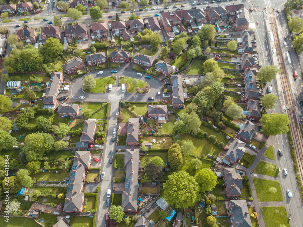 Residential houses drone above aerial view blue sky with park and ...