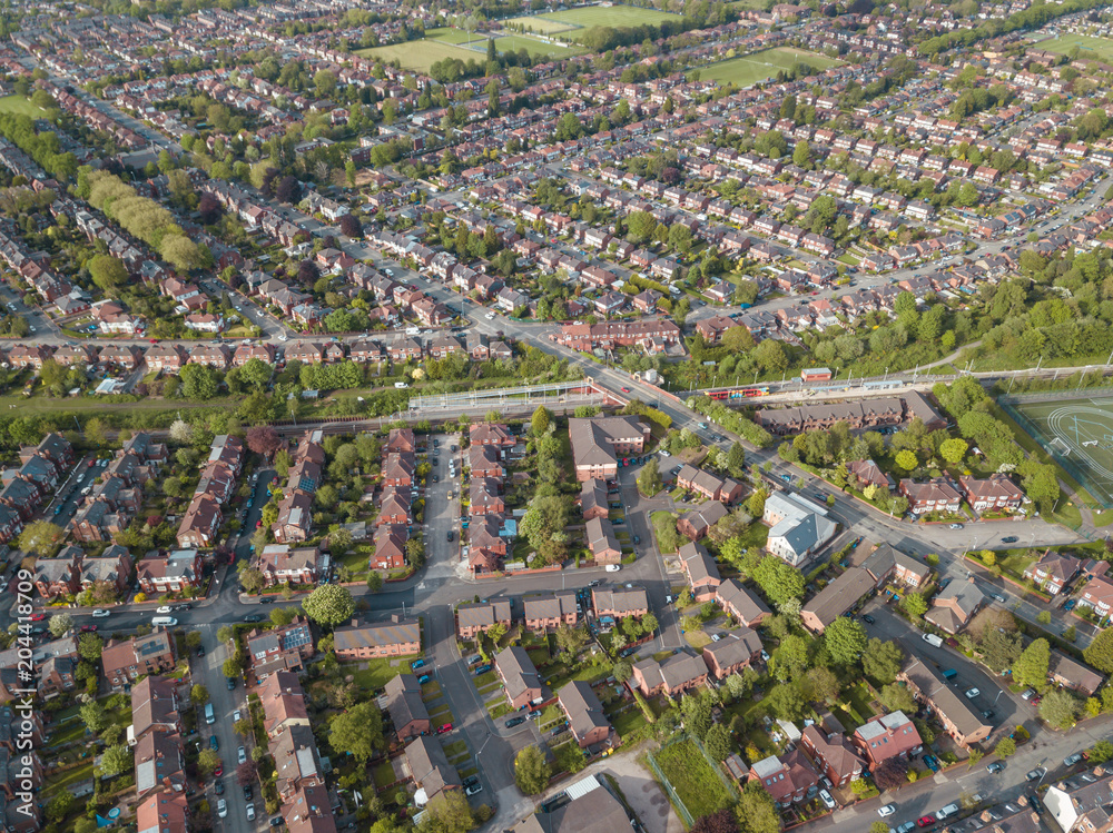 Residential houses drone above aerial view blue sky with park and ...