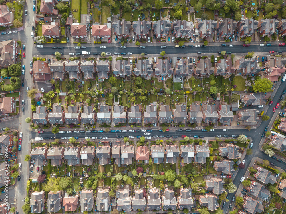 Residential houses drone above aerial view blue sky with park and ...