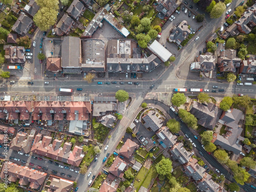 Residential houses drone above aerial view blue sky with park and ...