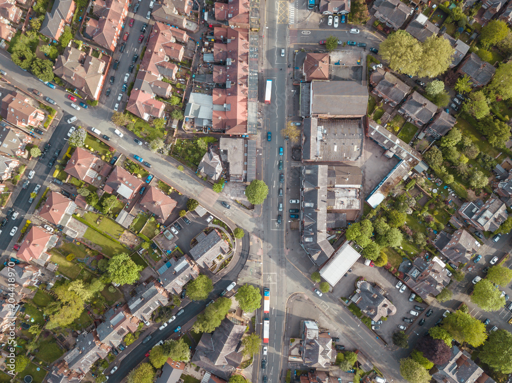 Residential houses drone above aerial view blue sky with park and ...