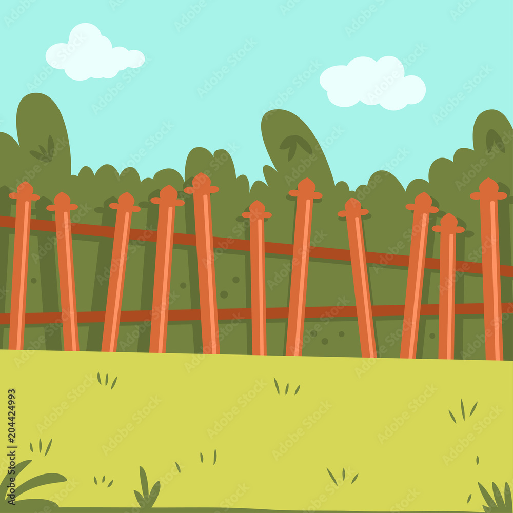 Backyard with wooden fence, green grass and bushes. Vector cartoon ...