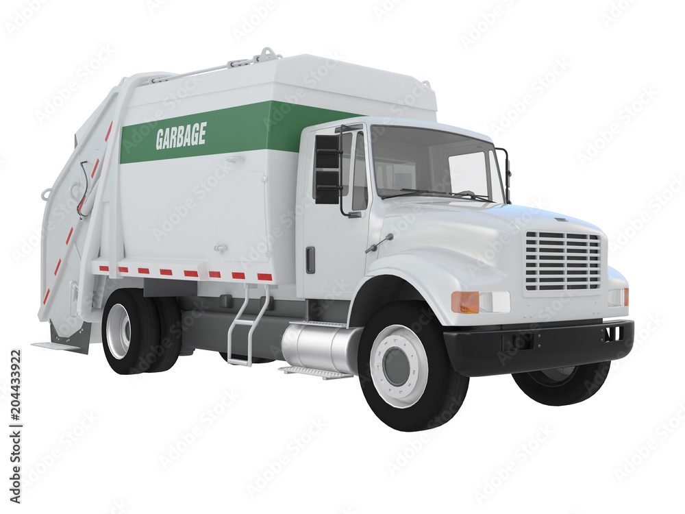 garbage truck front or side view isolated on a white background 3d ...