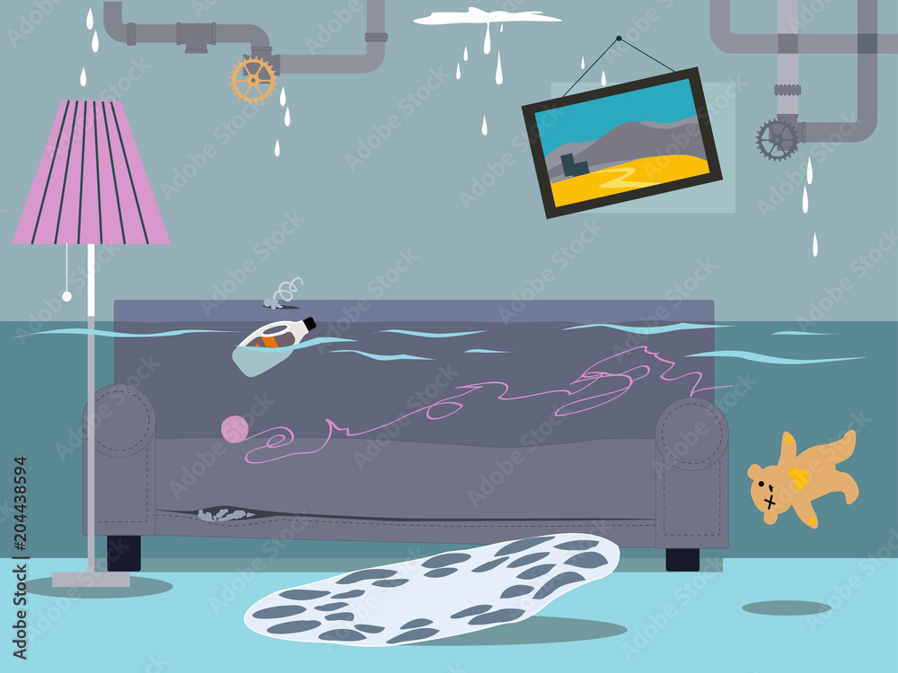 Flooded living room in a house with leaky pipes and roof, EPS 8 vector ...
