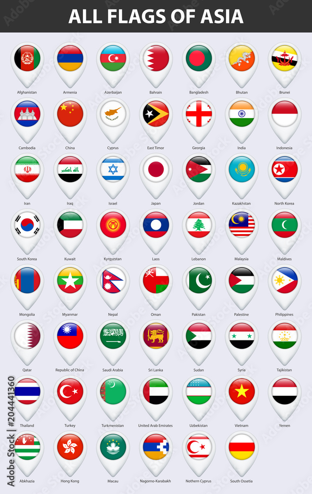 All flags of the countries of Asia. Pin map pointer glossy style. Stock ...