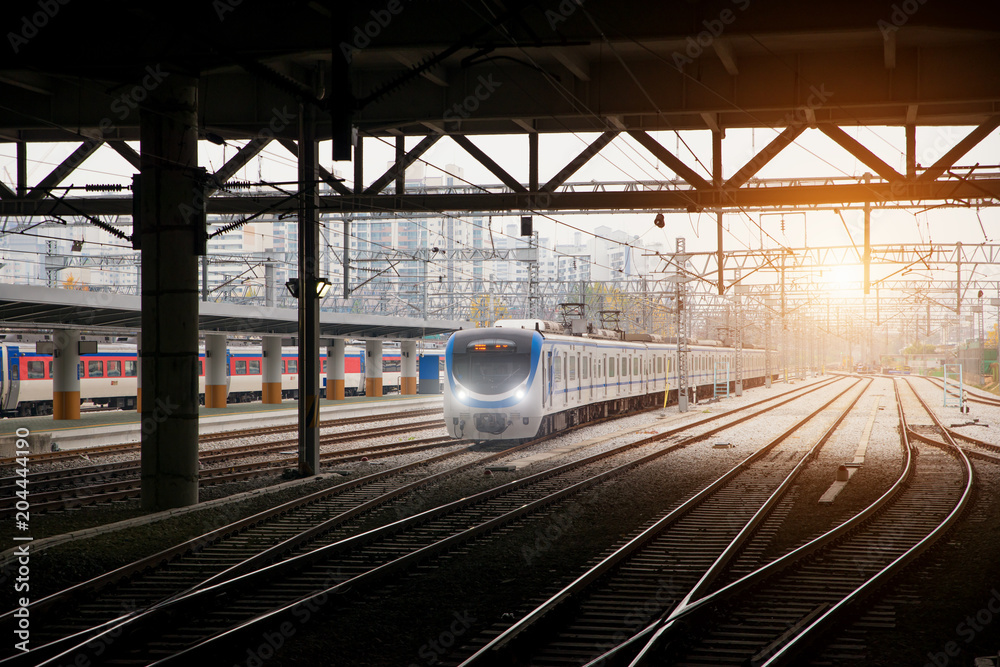 Korea train on railway with skyline at Seoul, South Korea for ...