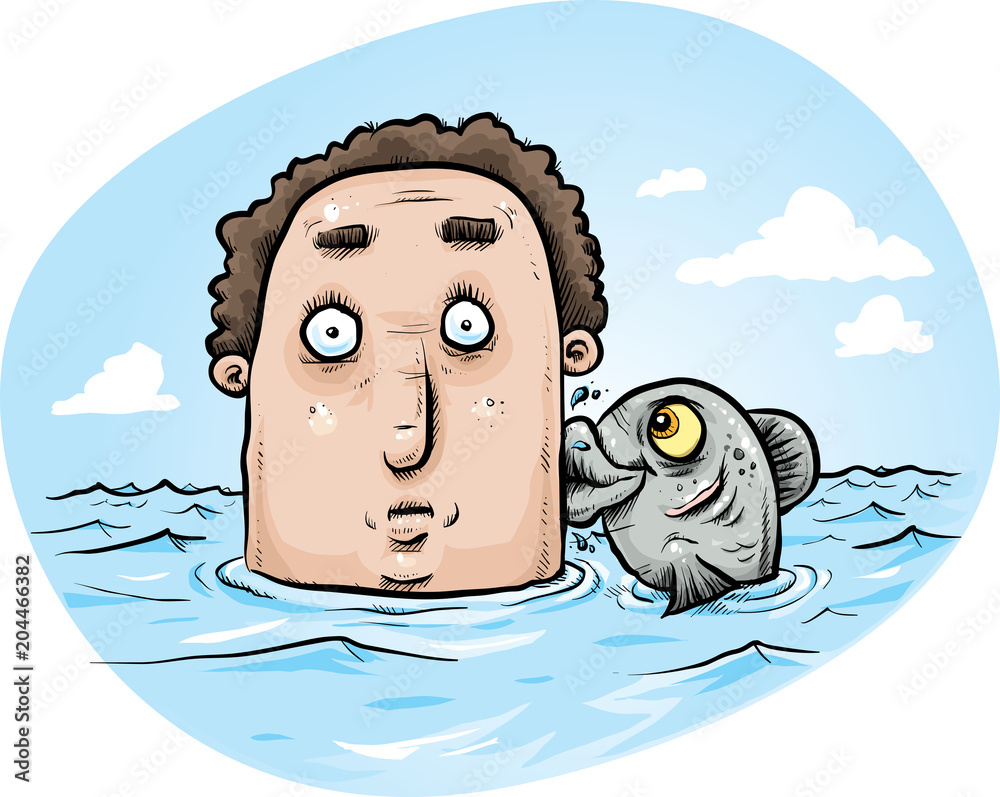 A cartoon fish gives a startled, swimming man a big kiss on the cheek ...