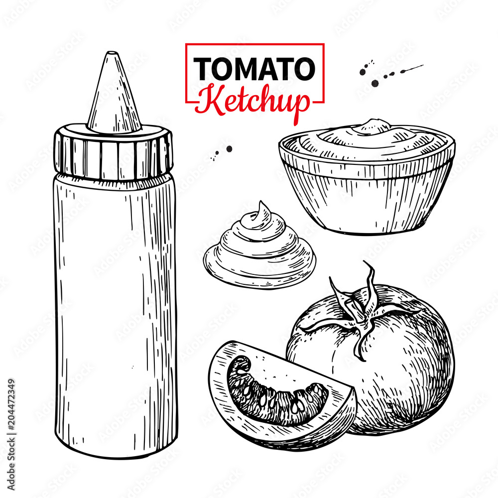Ketchup sauce bottle with tomatoes. Vector drawing. Food flavor Stock ...