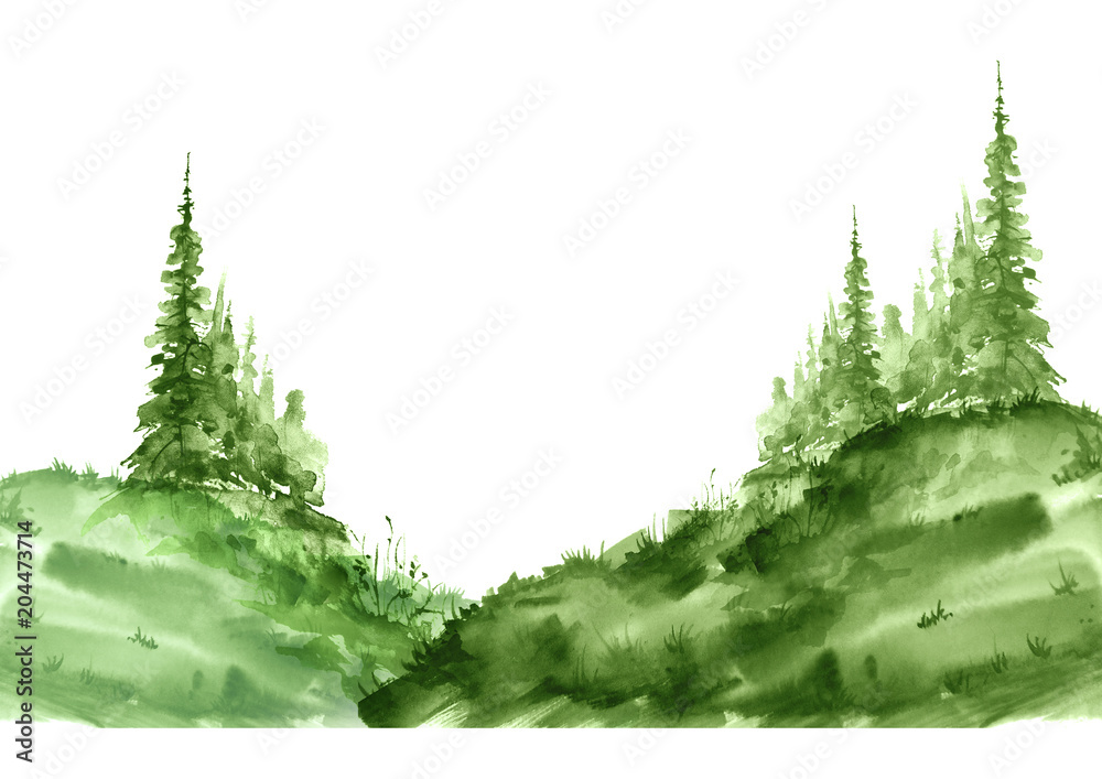 Watercolor group of green trees. Green, summer forest, landscape ...