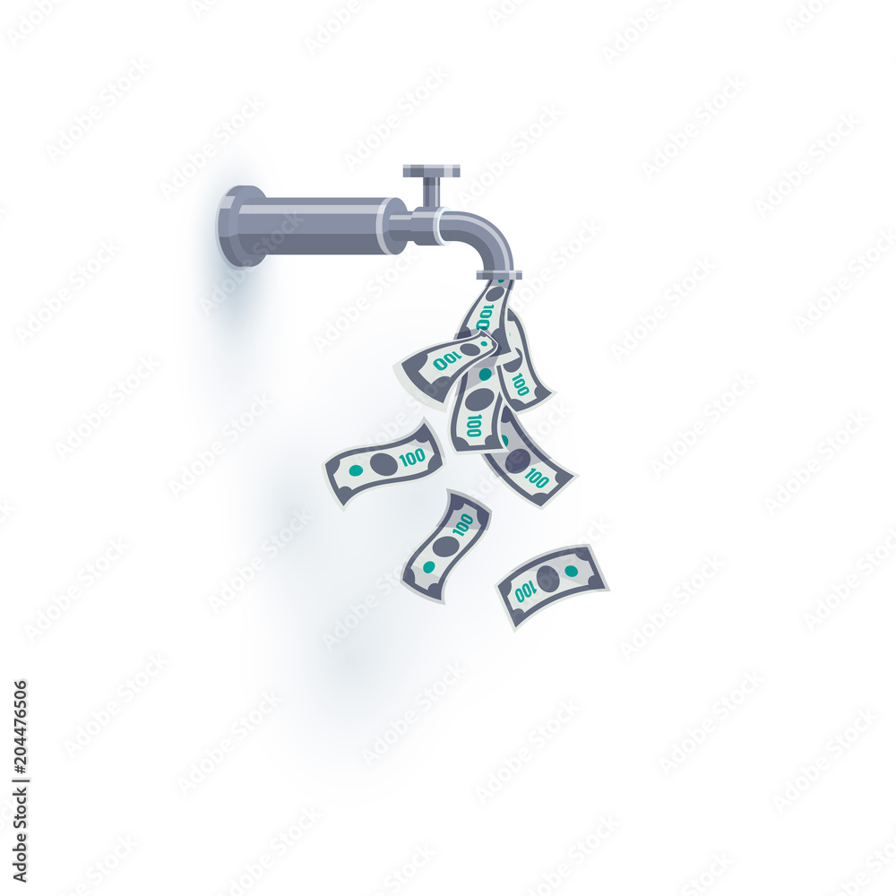 A faucet on the wall is dripping open flying money dollar bills instead ...