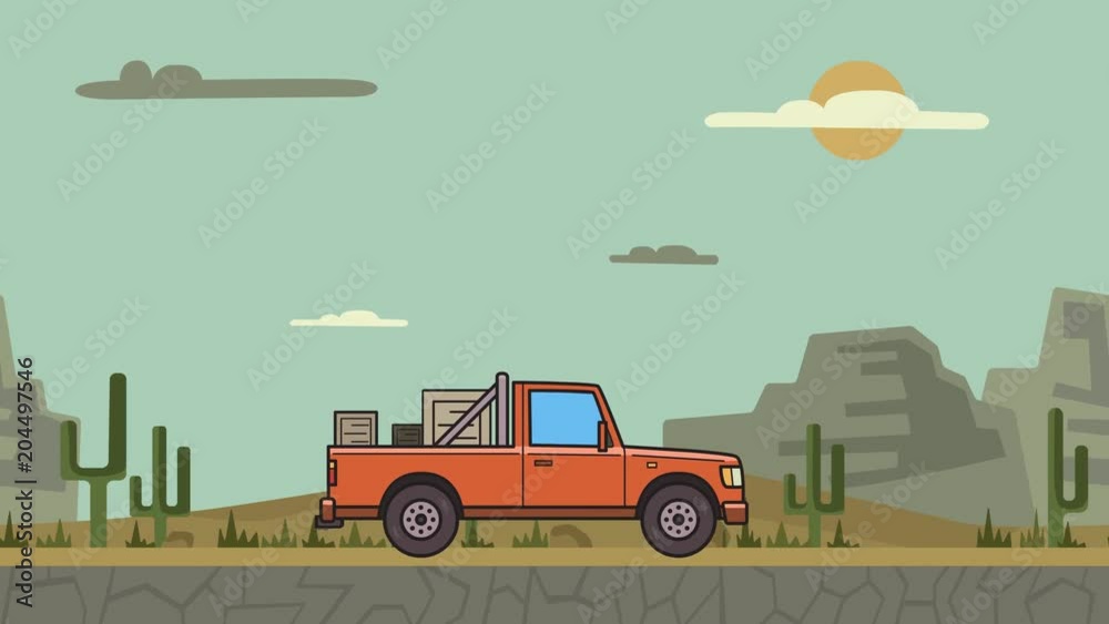 Animated pickup truck with boxes in the trunk riding through canyon ...