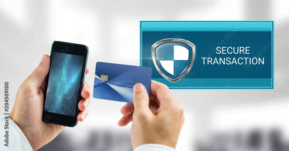 Secure transaction shield icon and phone with bank card Stock Photo ...